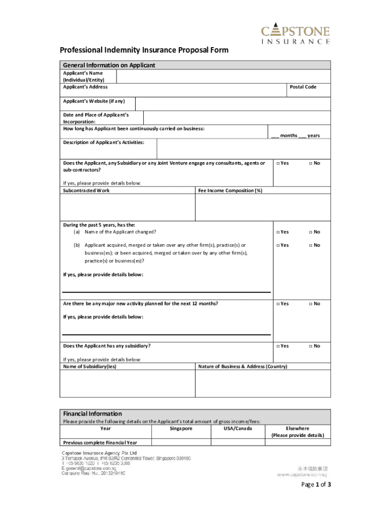 Fillable Online Professional Indemnity Insurance Proposal Form for ...