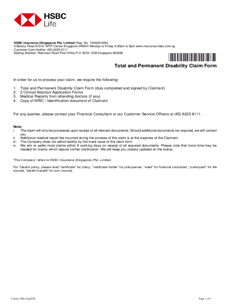 Fillable Online PDF Total and Permanent Disability Claim Form - HSBC SG ...
