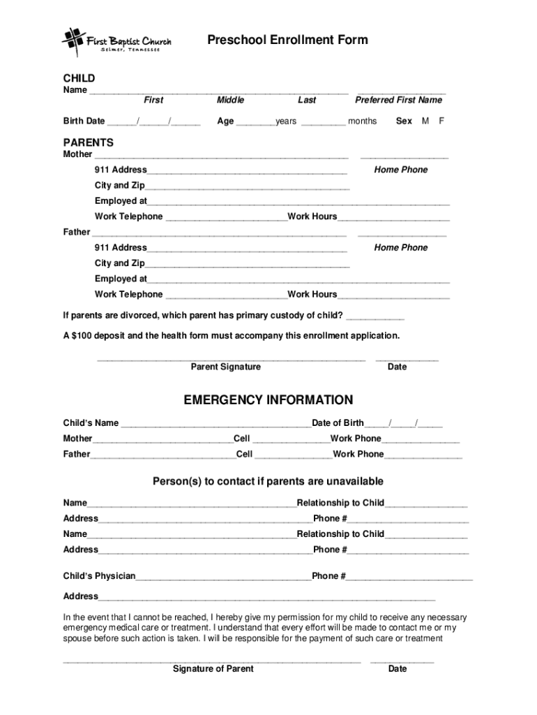 Fillable Online Sunrise Preschool Enrollment Form Fax Email Print ...