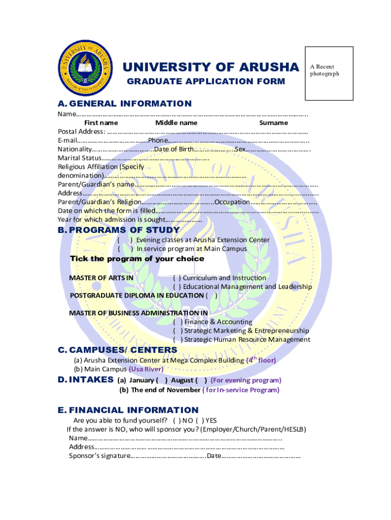 Fillable Online uoa ac University of Arusha Admission Application Form ...