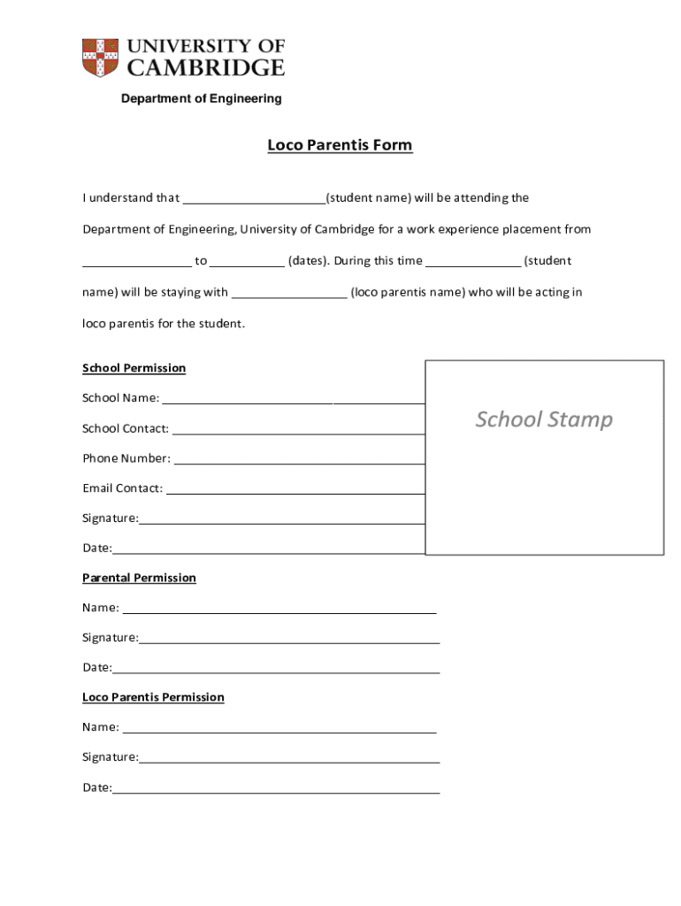 Fillable Online Loco Parentis Form - Department of Engineering ...