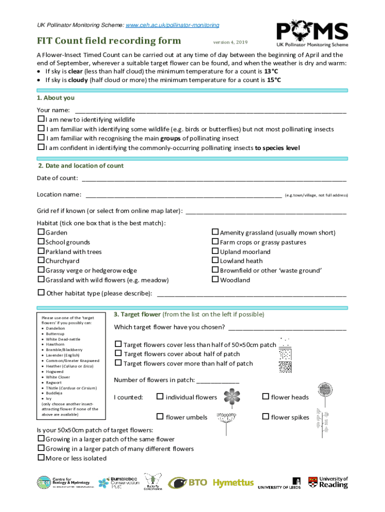 Fillable Online UK Pollinator Monitoring Scheme: www Fax Email Print ...