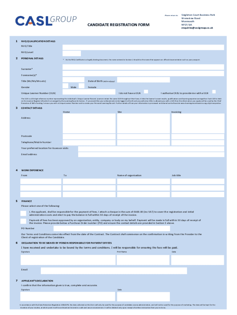 Fillable Online CANDIDATE REGISTRATION FORM - CASL Group Fax Email ...