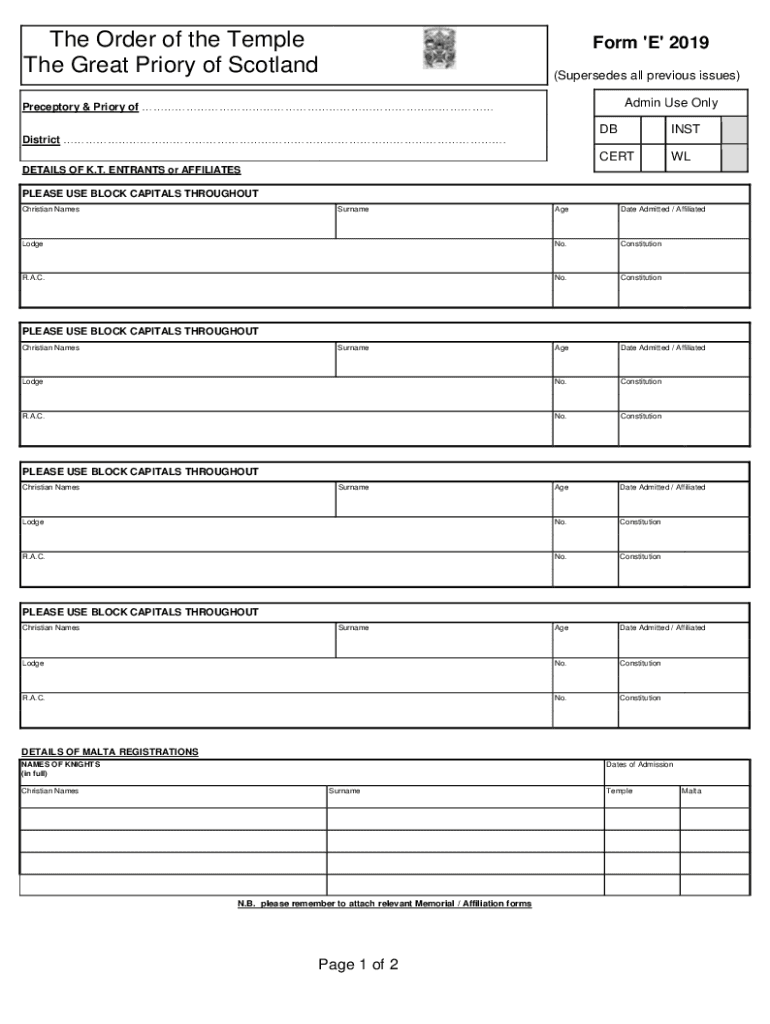 Fillable Online The Order of the Temple Form 'E ' 2019 The Great Priory ...