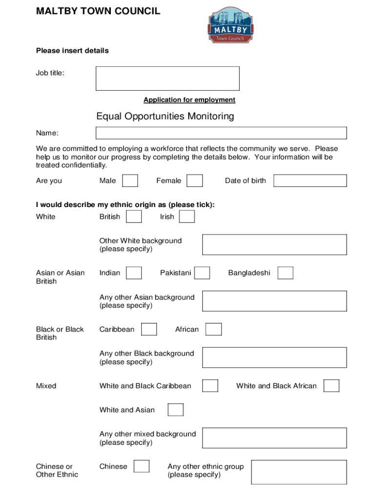 Fillable Online maltbytowncouncil co HOLME VALLEY PARISH COUNCIL. Equal Opportunities Monitoring ...