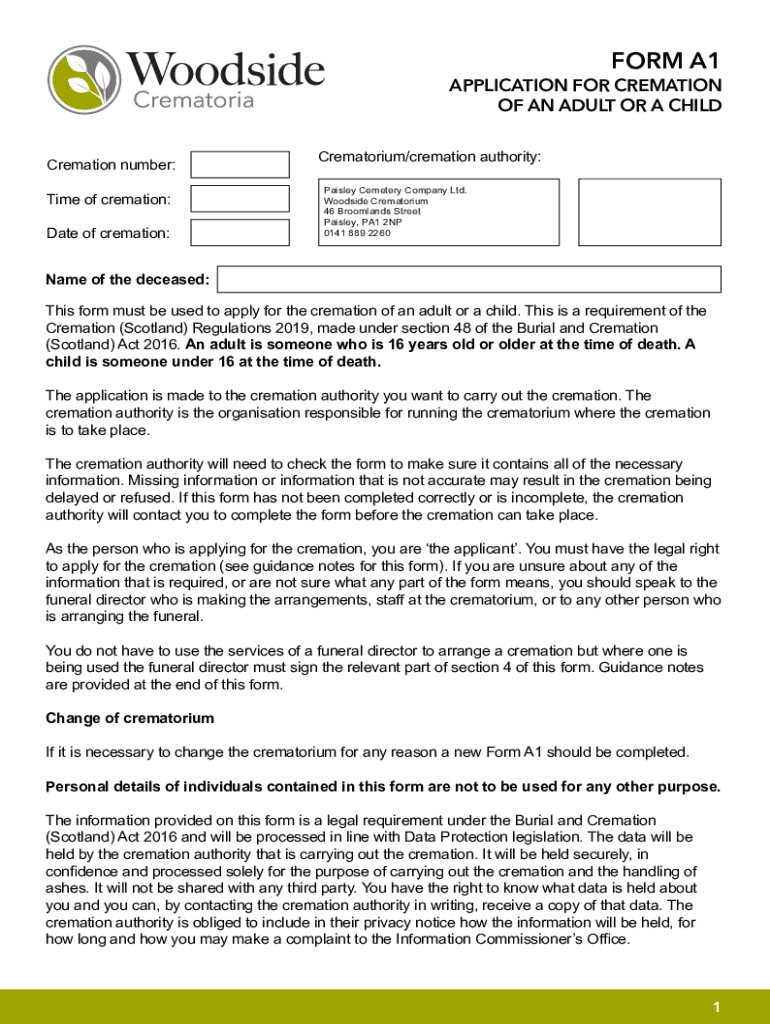 Fillable Online FORM A1: application for cremation of an adult or a child ... Fax Email Print ...