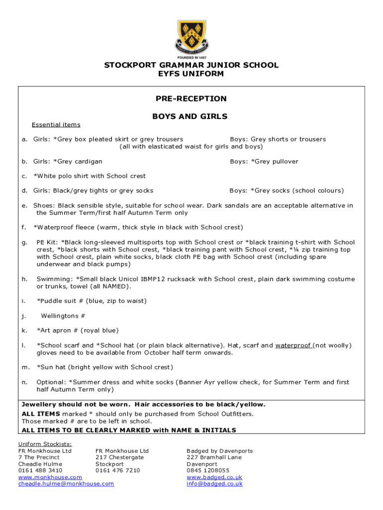 Fillable Online EYFS Uniform - Stockport Grammar Junior School Fax ...