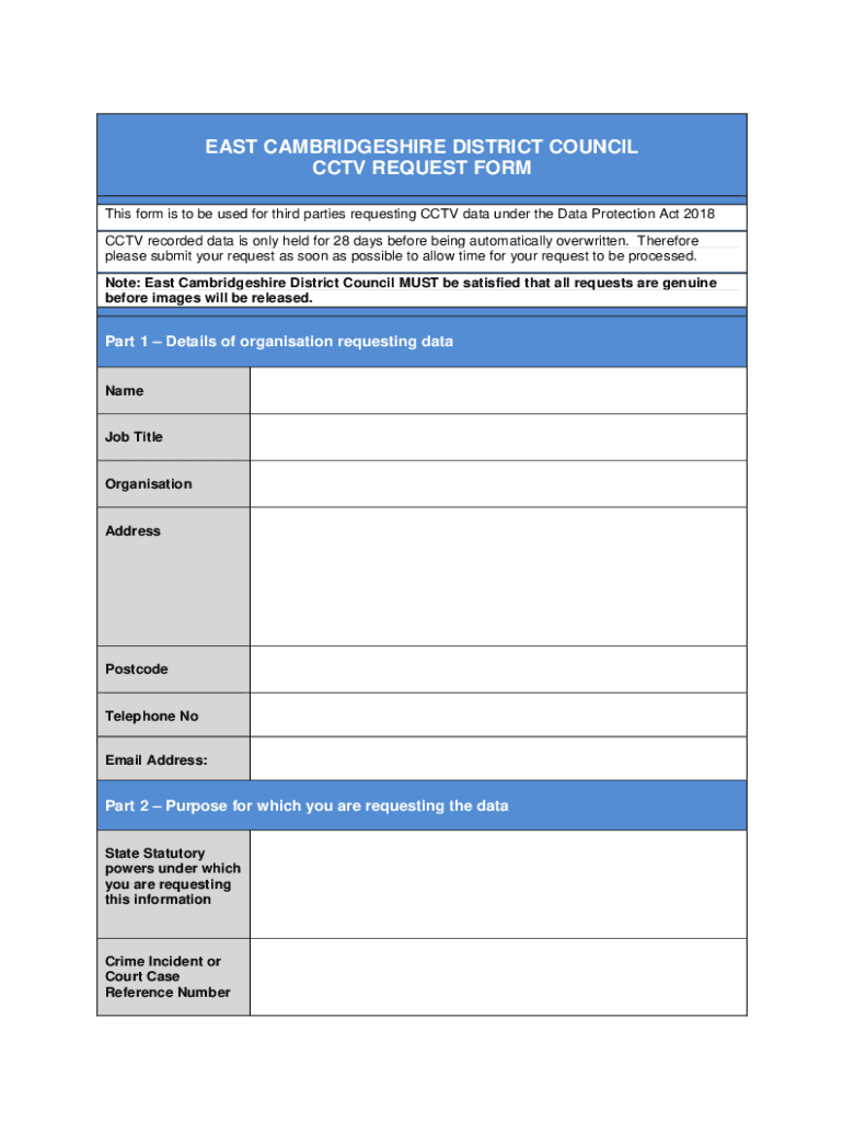 Fillable Online CCTV Dsar Request Form - East Cambridgeshire Fax Email ...