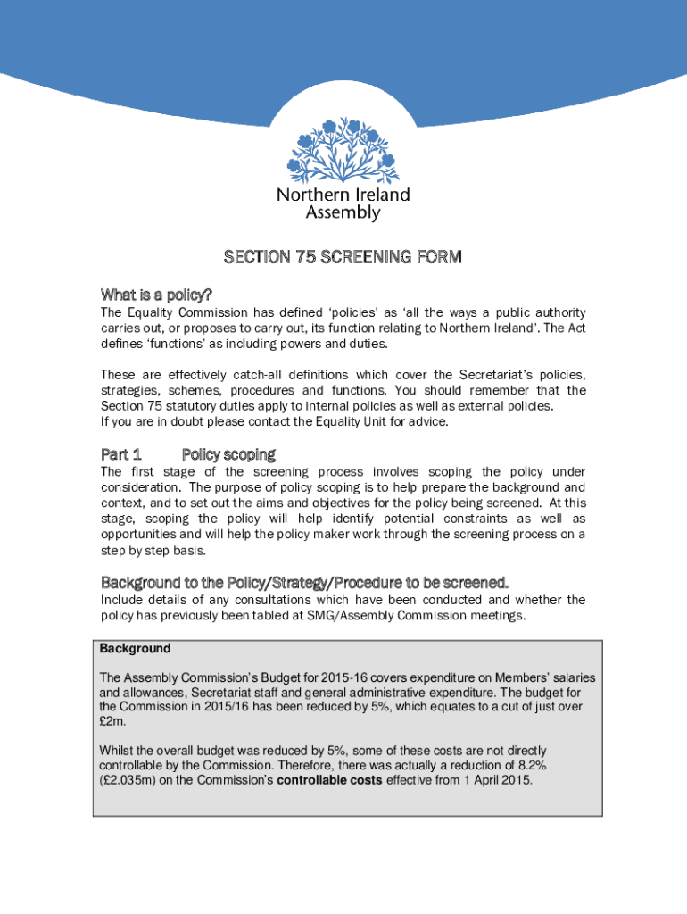 Fillable Online SECTION 75 SCREENING FORM - Northern Ireland Assembly ...