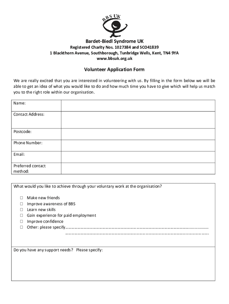 Fillable Online BBS UK Volunteer Application Form Fax Email Print ...