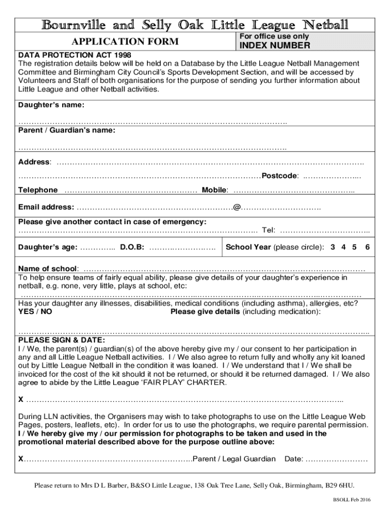 Fillable Online LITTLE LEAGUE NETBALL APPLICATION FORM Fax Email Print ...