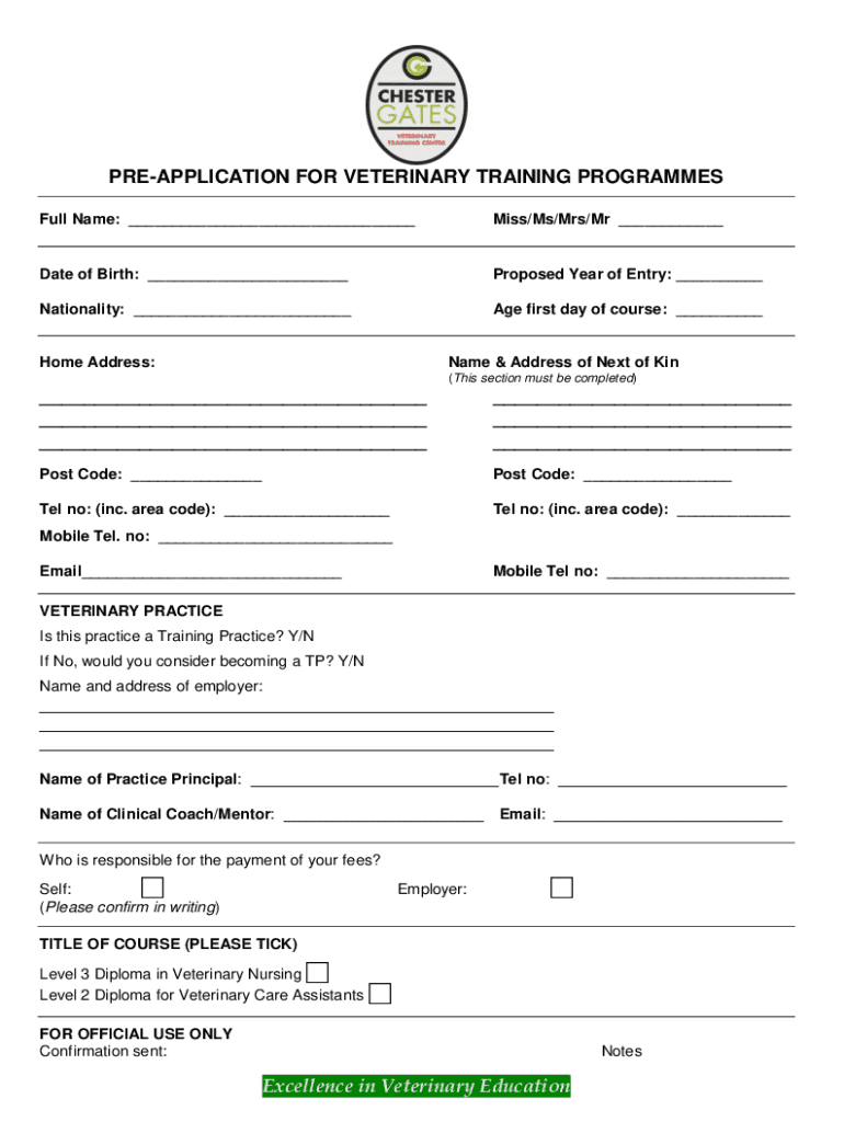 Fillable Online PRE-APPLICATION FOR VETERINARY TRAINING PROGRAMMES Fax ...