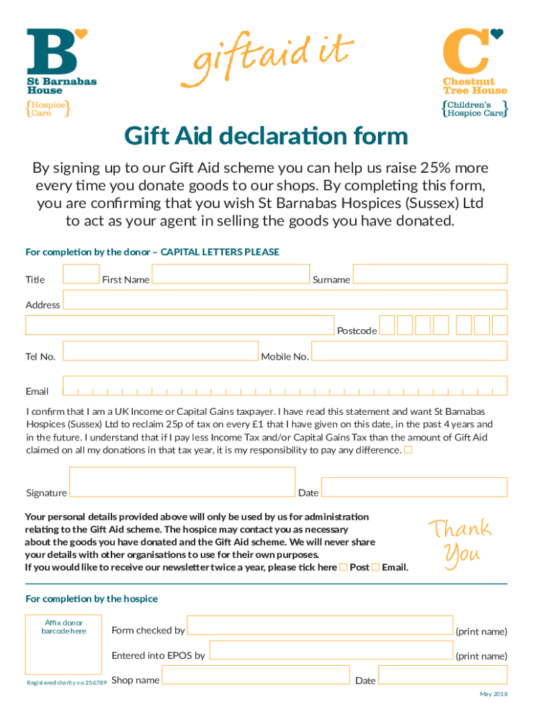 Fillable Online Gift Aid declaration form - Chestnut Tree House Fax ...