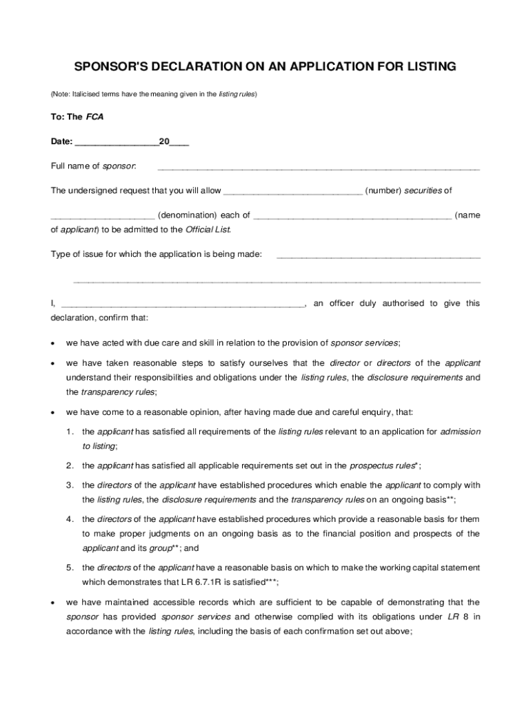 Fillable Online Fillable Online Sponsors Declaration for a Reverse ...