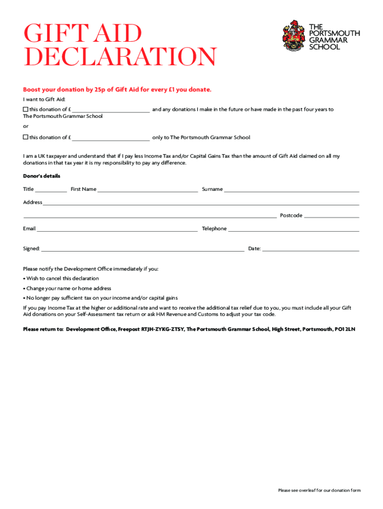 Fillable Online GIFT AID DECLARATION FORM Designated Fund Fax Email ...