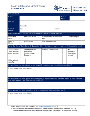 Fillable Online Swindon and Gloucestershire Mind Volunteer Application ...