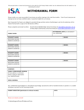 Fillable Online contacting the school. WITHDRAWAL FORM Fax Email Print ...