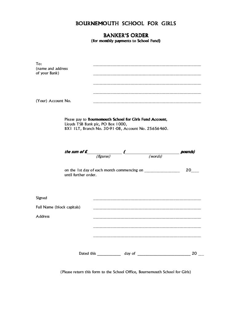 Fillable Online bsg bournemouth sch School Fund Banker's Order Form Fax ...