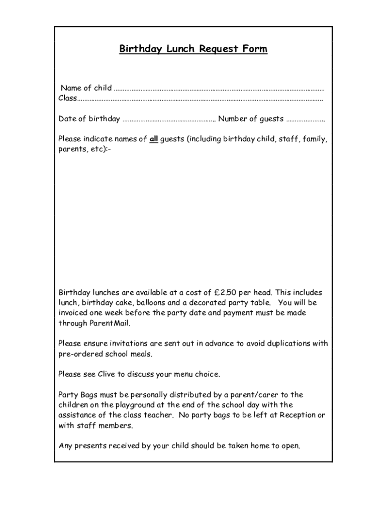 Fillable Online Birthday Lunch Request Form Fax Email Print - pdfFiller