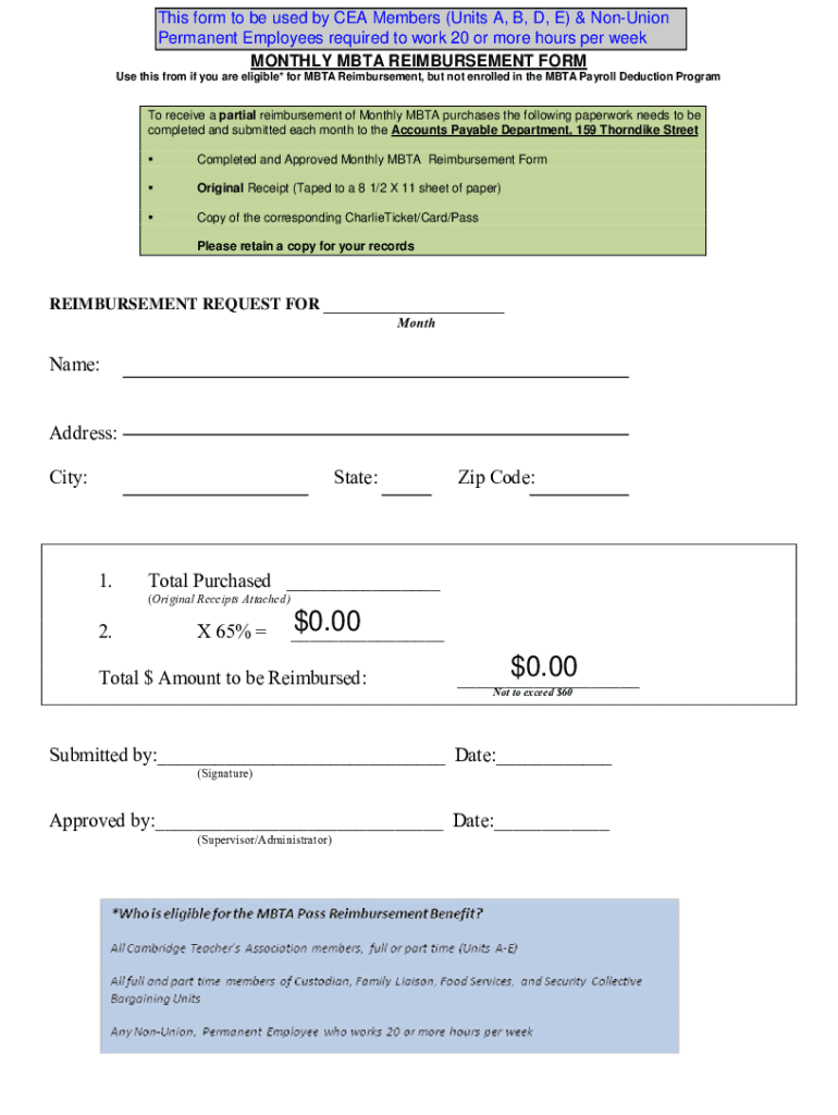 Fillable Online MONTHLY MBTA REIMBURSEMENT FORM Fax Email Print - pdfFiller