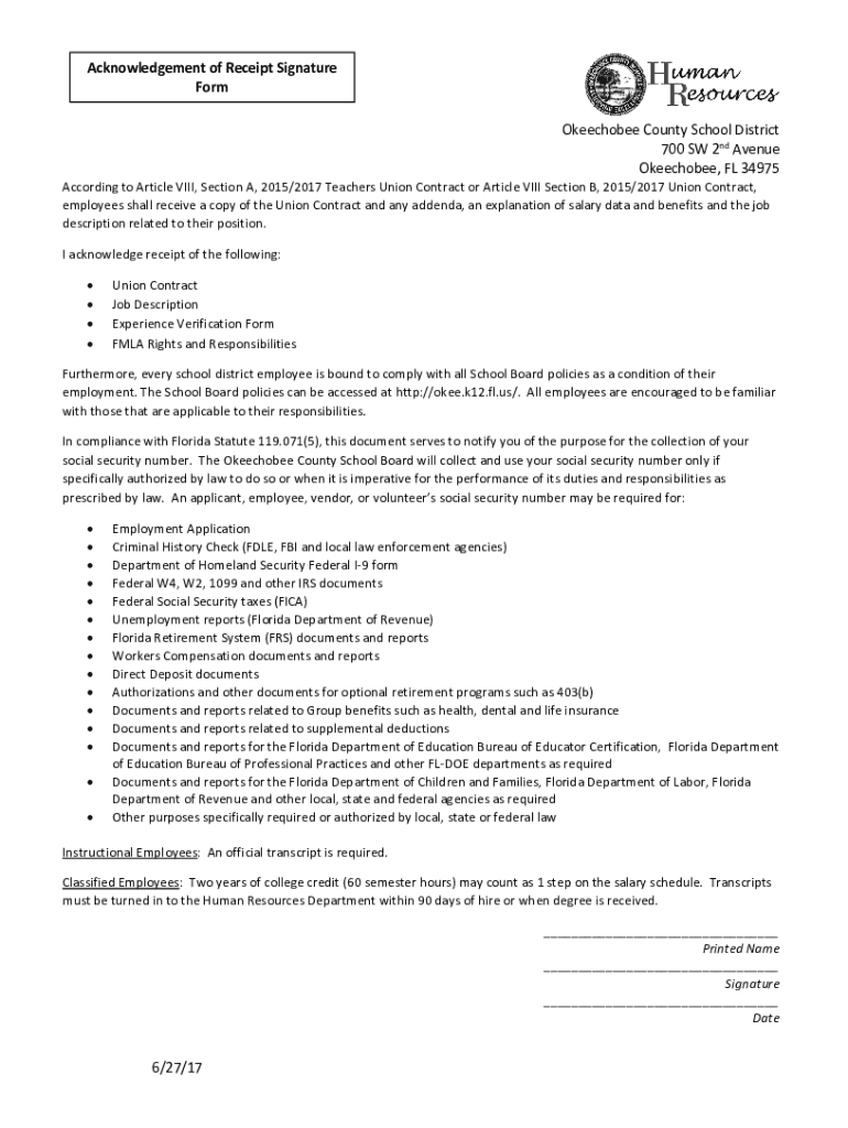 Fillable Online Acknowledgement of Receipt Signature Form - okee.k12.fl ...