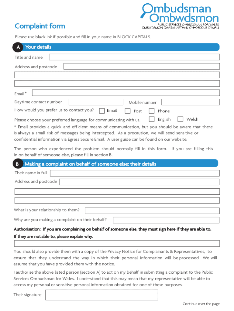 Fillable Online Complaint form - Public Services Ombudsman for Wales ...