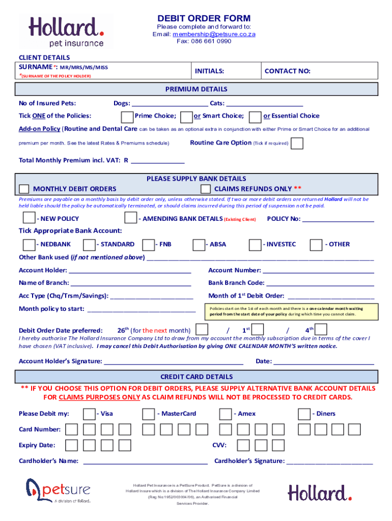 Fillable Online Fillable Online solverpetinsurance co DEBIT ORDER FORM ...