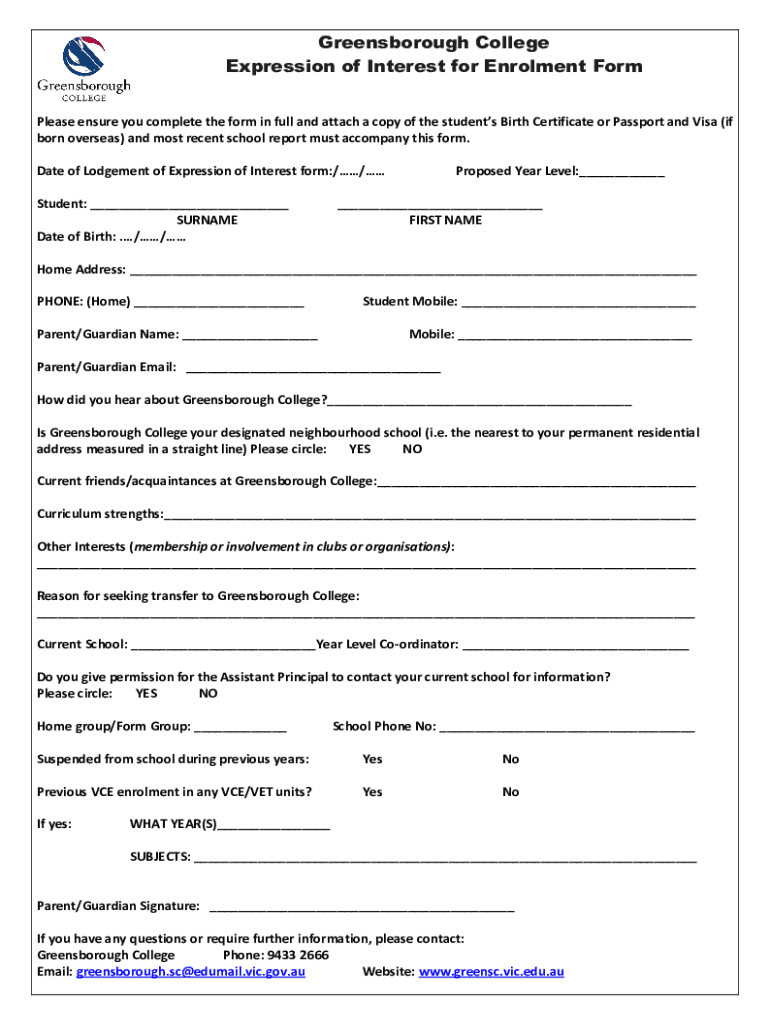 Fillable Online Greensborough College Expression of Interest for ...