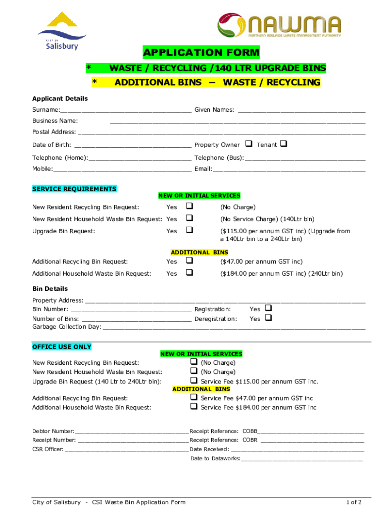 Fillable Online NAWMA Application Form for Mobile Garbage Bins - Waste, Greenwaste, Recycling ...