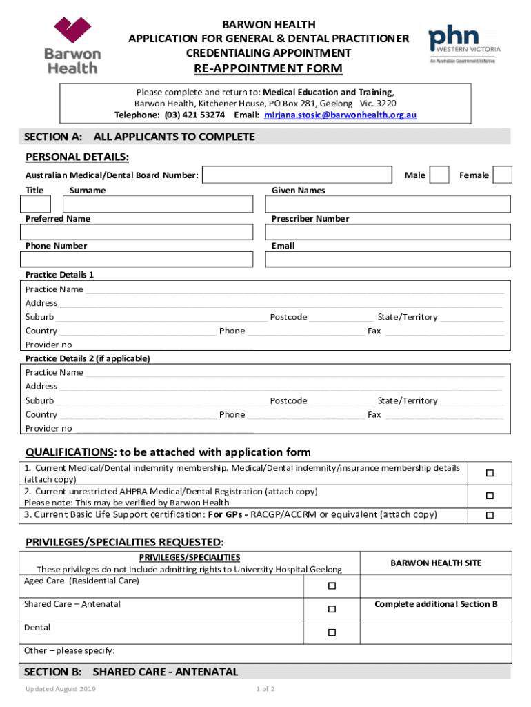 Fillable Online SECTION A: ALL APPLICANTS TO COMPLETE - Barwon Health ...