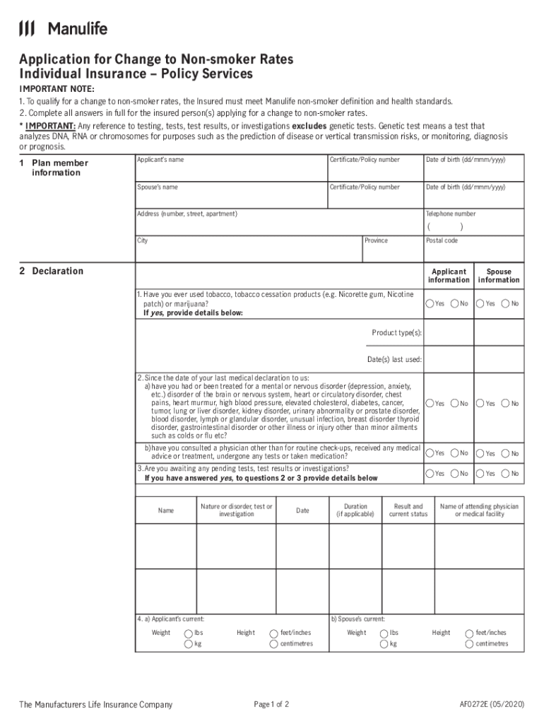 Fillable Online Policy Services Application for Change to Non-smoker ...