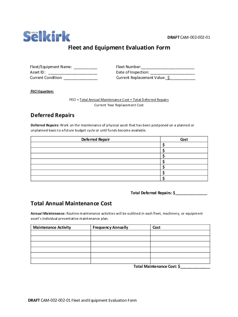 Fillable Online Fleet and Equipment Evaluation Form - Selkirk, Manitoba ...
