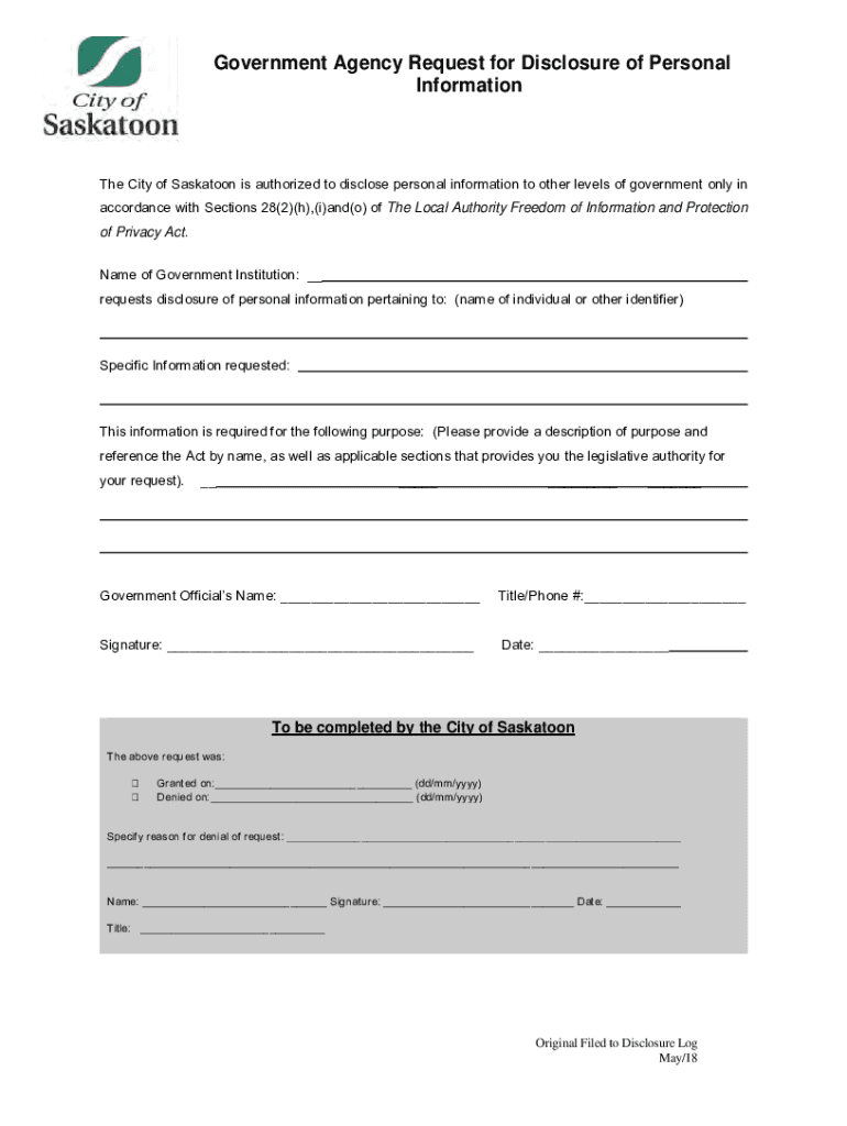 Fillable Online Government Agency Request for Disclosure of Personal ...