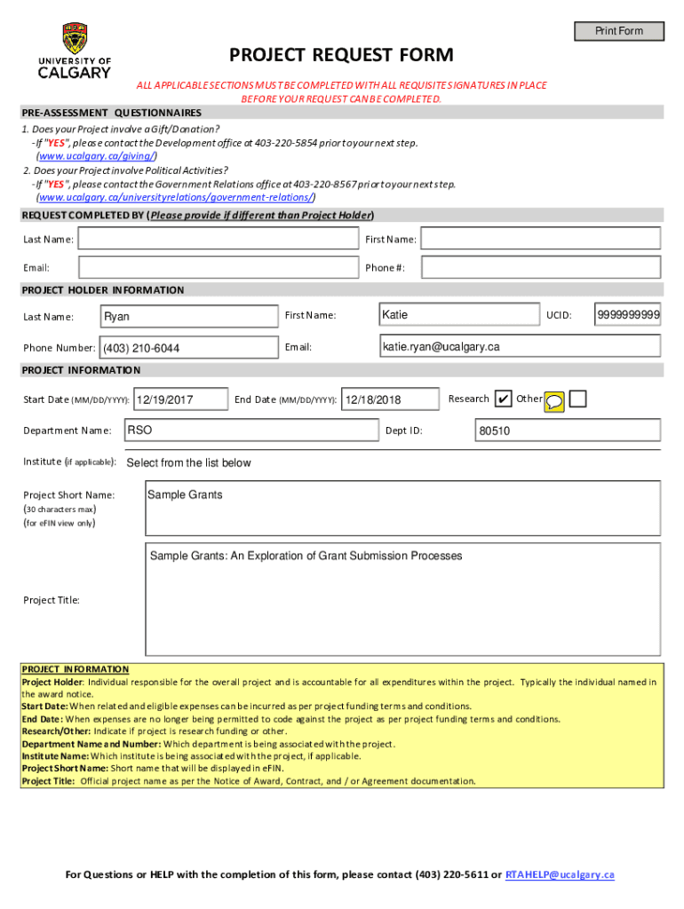 Fillable Online PROJECT REQUEST FORM - University of Calgary Fax Email ...
