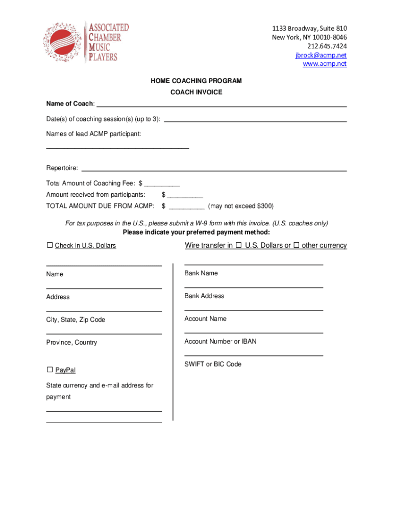Fillable Online HOME COACHING PROGRAM COACH INVOICE Name of Coach Fax ...