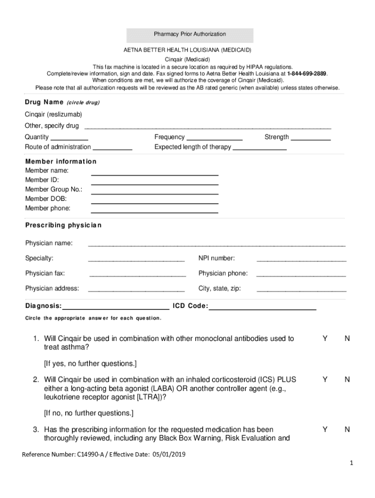 Fillable Online Pharmacy Prior Authorization AETNA BETTER HEALTH ...