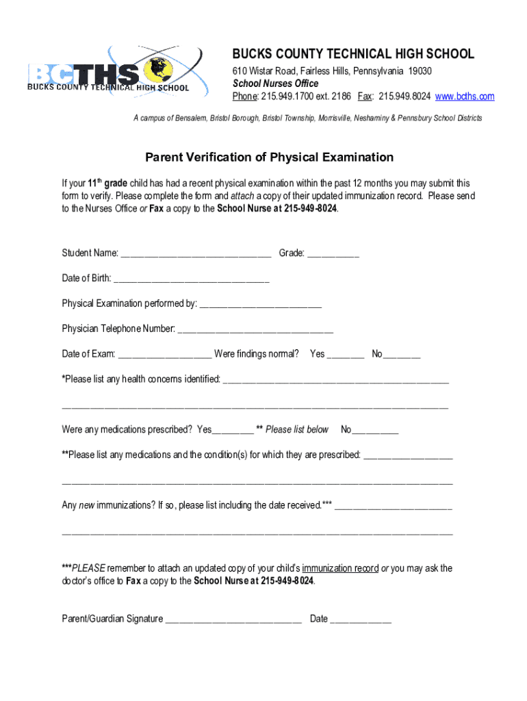 Fillable Online - Bucks County Technical High School - BCTHS Fax Email ...