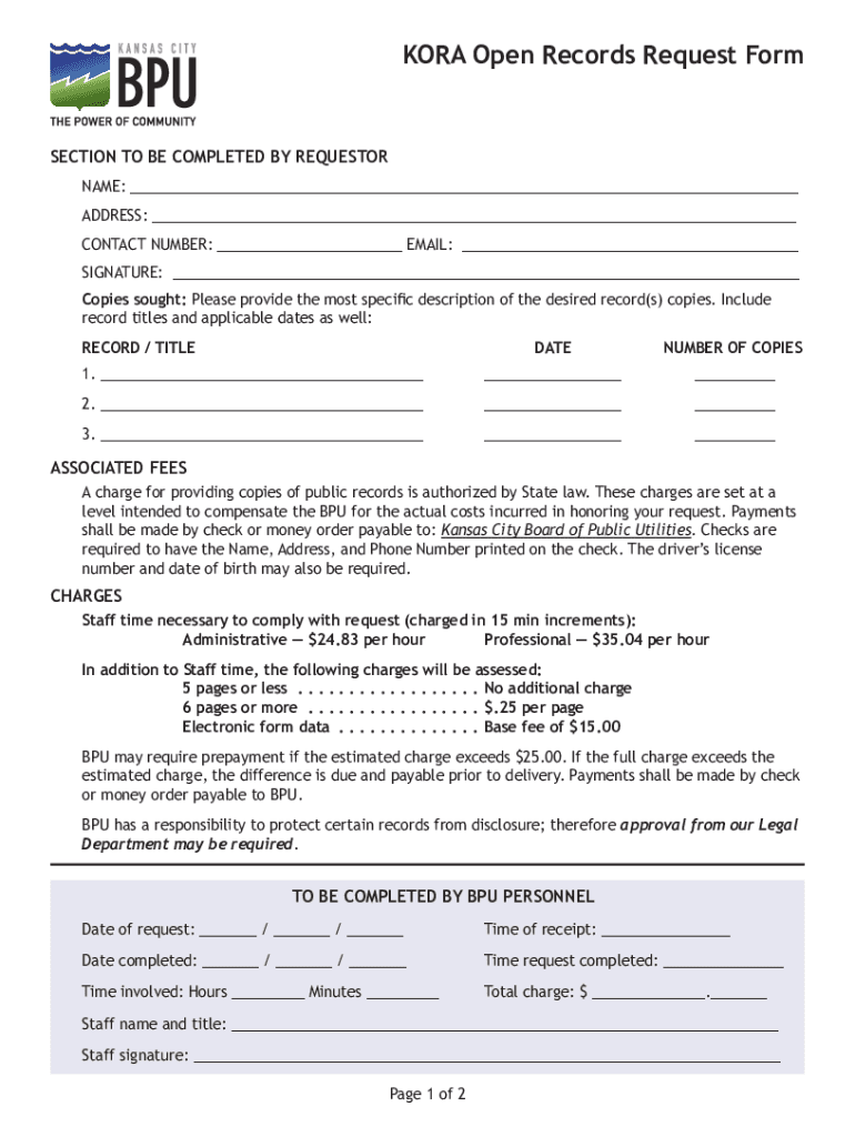 Fillable Online KORA Open Records Request Form - Kansas City BPU Fax ...
