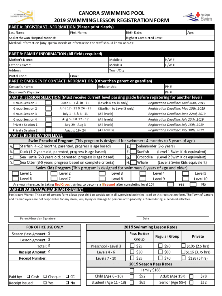 Fillable Online CANORA SWIMMING POOL 2019 SWIMMING LESSON REGISTRATION ...
