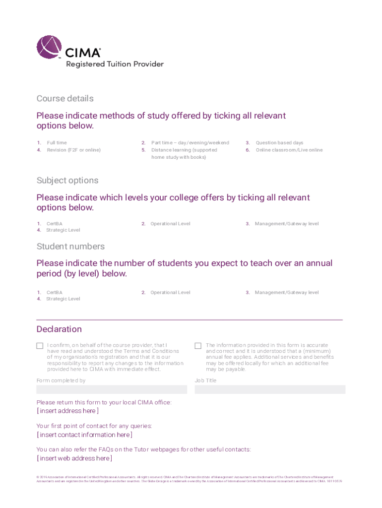Fillable Online Application Form for Registered CIMA Tuition Providers ...
