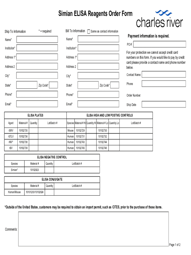 Fillable Online Simian ELISA Reagents Order Form - Charles River Laboratories Fax Email Print ...