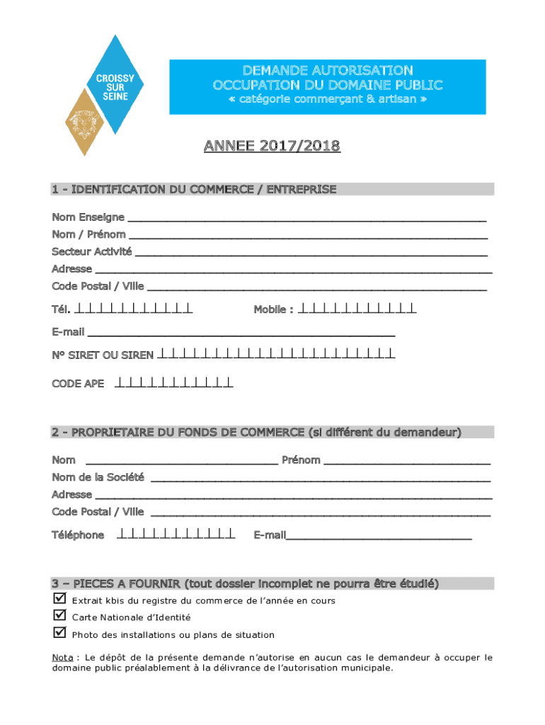 Remplissable En Ligne DEMANDE D'AUTORISATION D'OCCUPATION DU DOMAINE PUBLIC COMMUNAL Fax Email ...