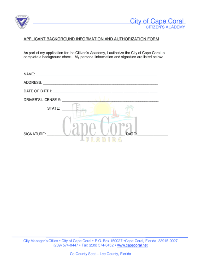 Fillable Online APPLICANT BACKGROUND INFORMATION AND AUTHORIZATION FORM ...