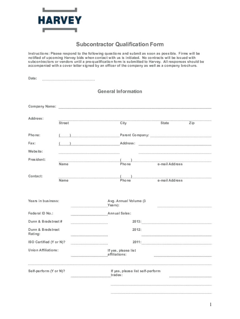 Fillable Online Subcontractor Prequalification Form - Fill Out and Sign ... Fax Email Print ...