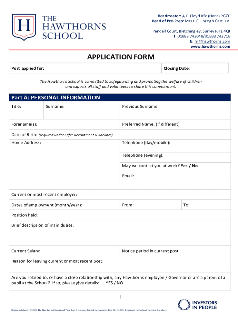 Fillable Online APPLICATION FORM - The Hawthorns School Fax Email Print ...