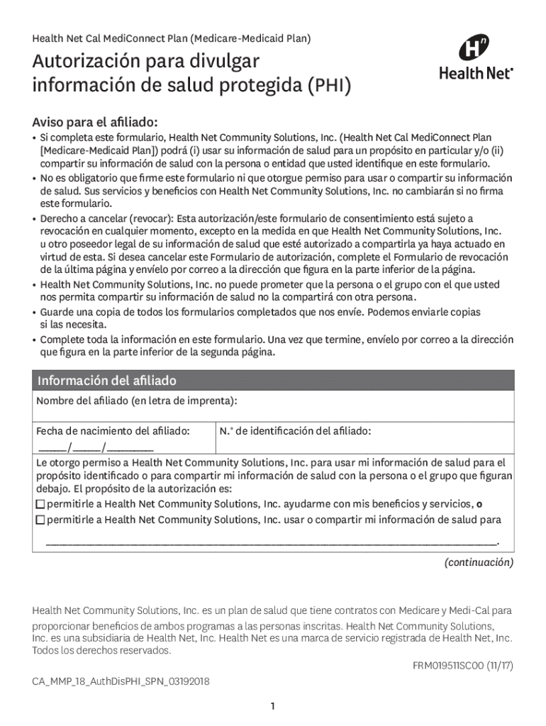 Fillable Online Health Net Cal MediConnect Plan Medicare-Medicaid Plan ...