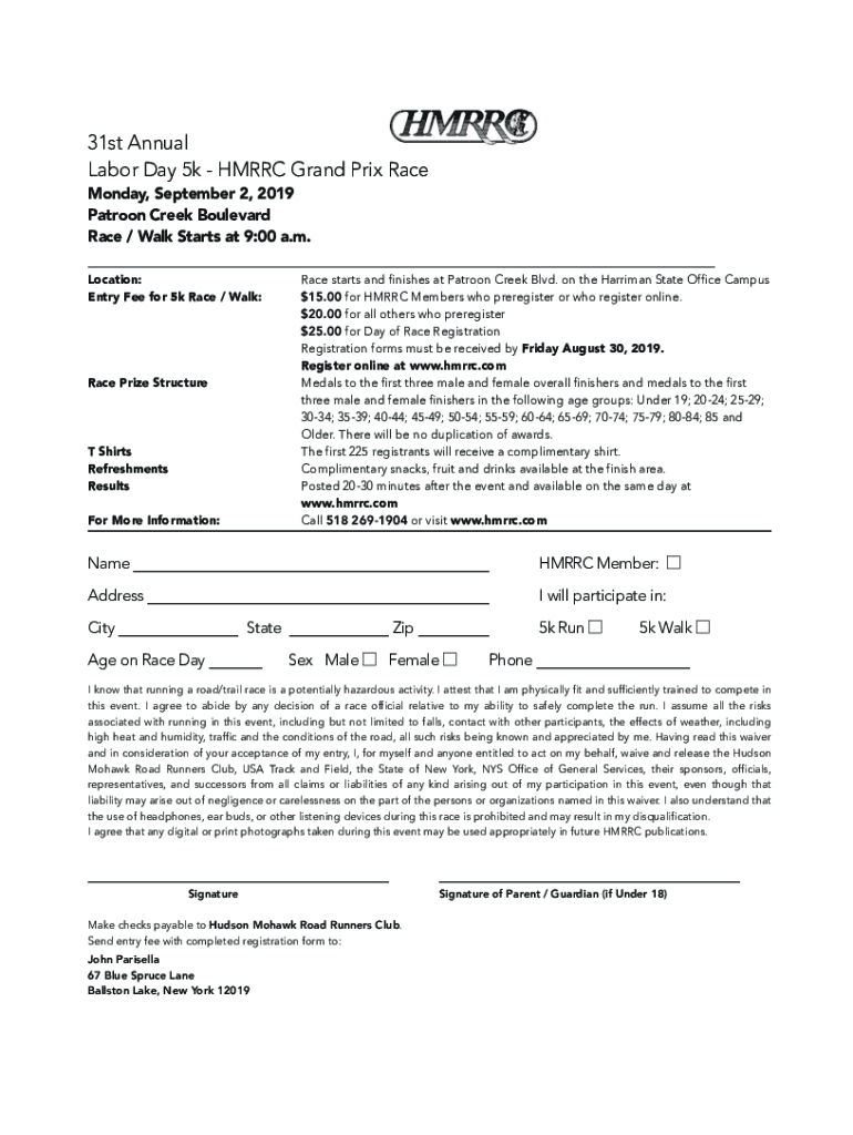 Fillable Online Hudson Mohawk Road Runners Club - 31st Annual Labor Day ...