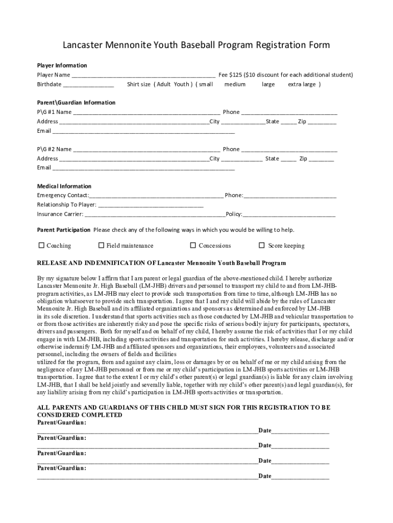 Fillable Online Lancaster MennoniteYouth baseball registration form Fax ...