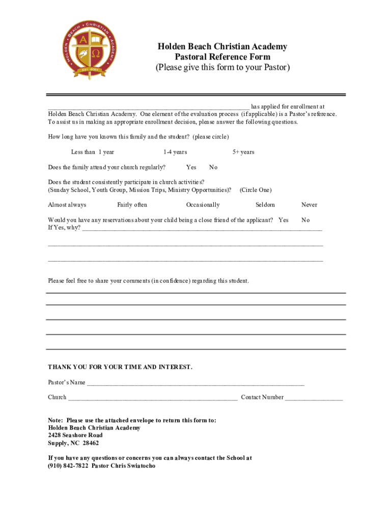 Fillable Online Holden Beach Christian Academy Pastoral Reference Form ... Fax Email Print ...