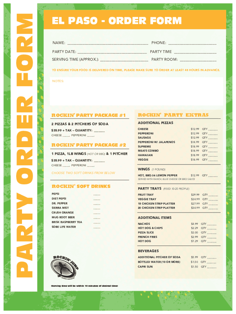 Fillable Online EL PASO - ORDER FORM PARTY ORDER FORM Fax Email Print ...